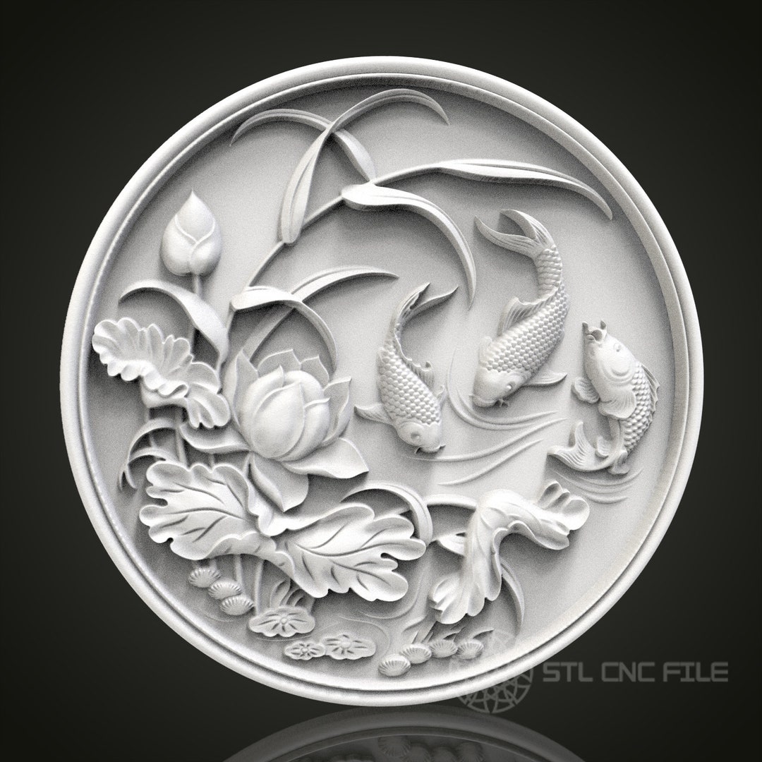 Koi Serenity - Round 3D CNC Engraved Wood Panel, Artcam Aspire STL ...