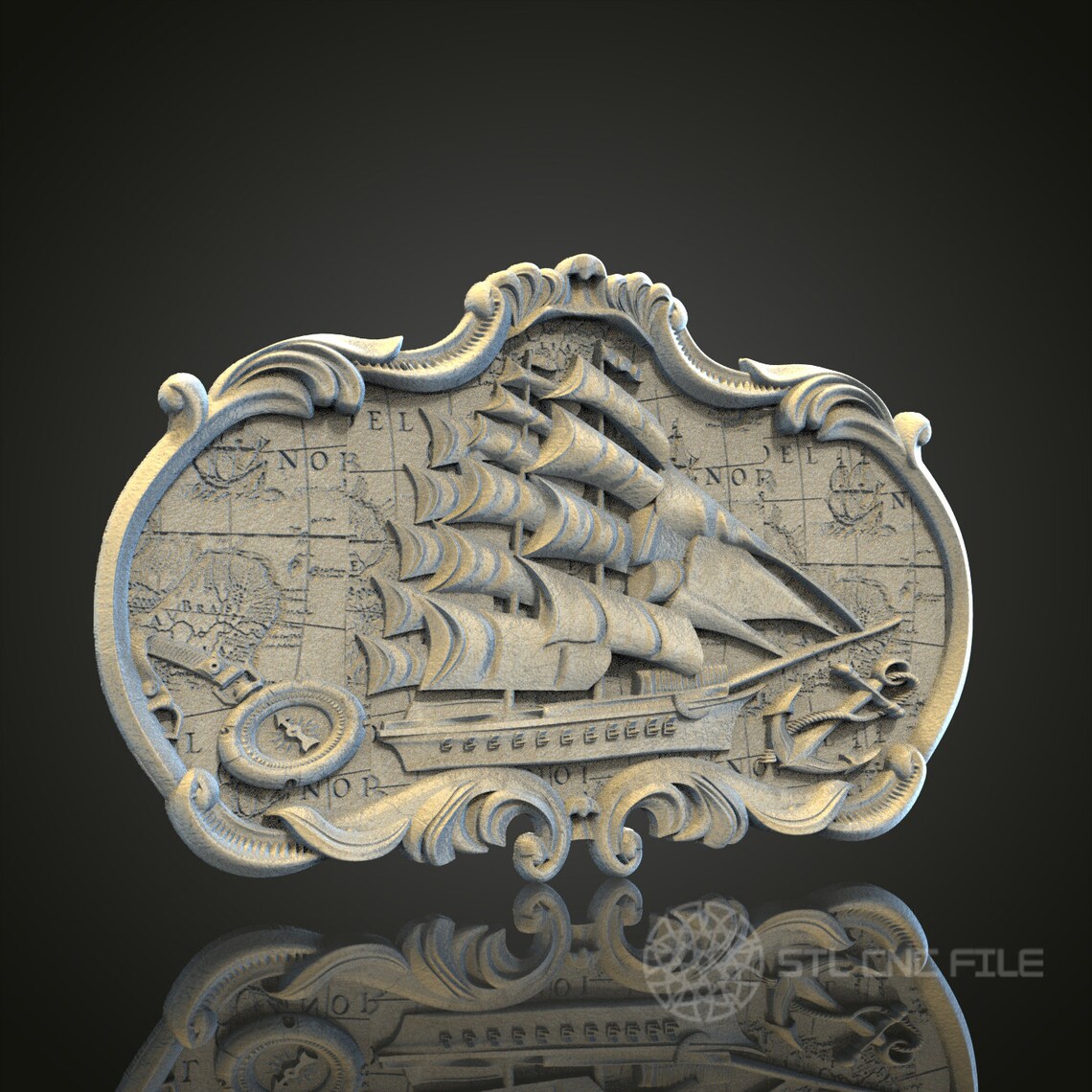 Antique Ship and Map 3D STL File, CNC and 3D Printer Model, Nautical ...