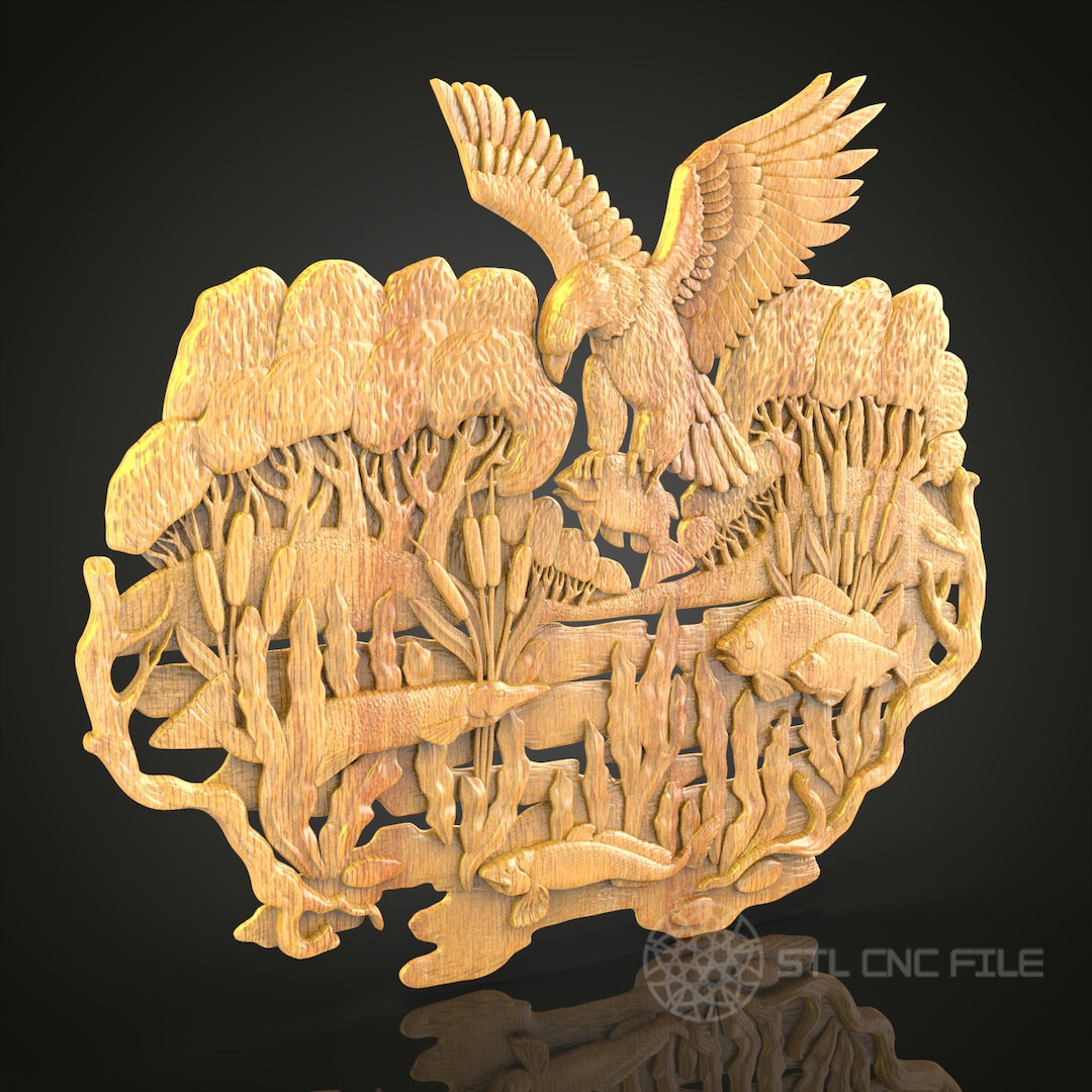 Nature's Symphony CNC Carved Wood Panel, Artcam STL Model of Eagle ...