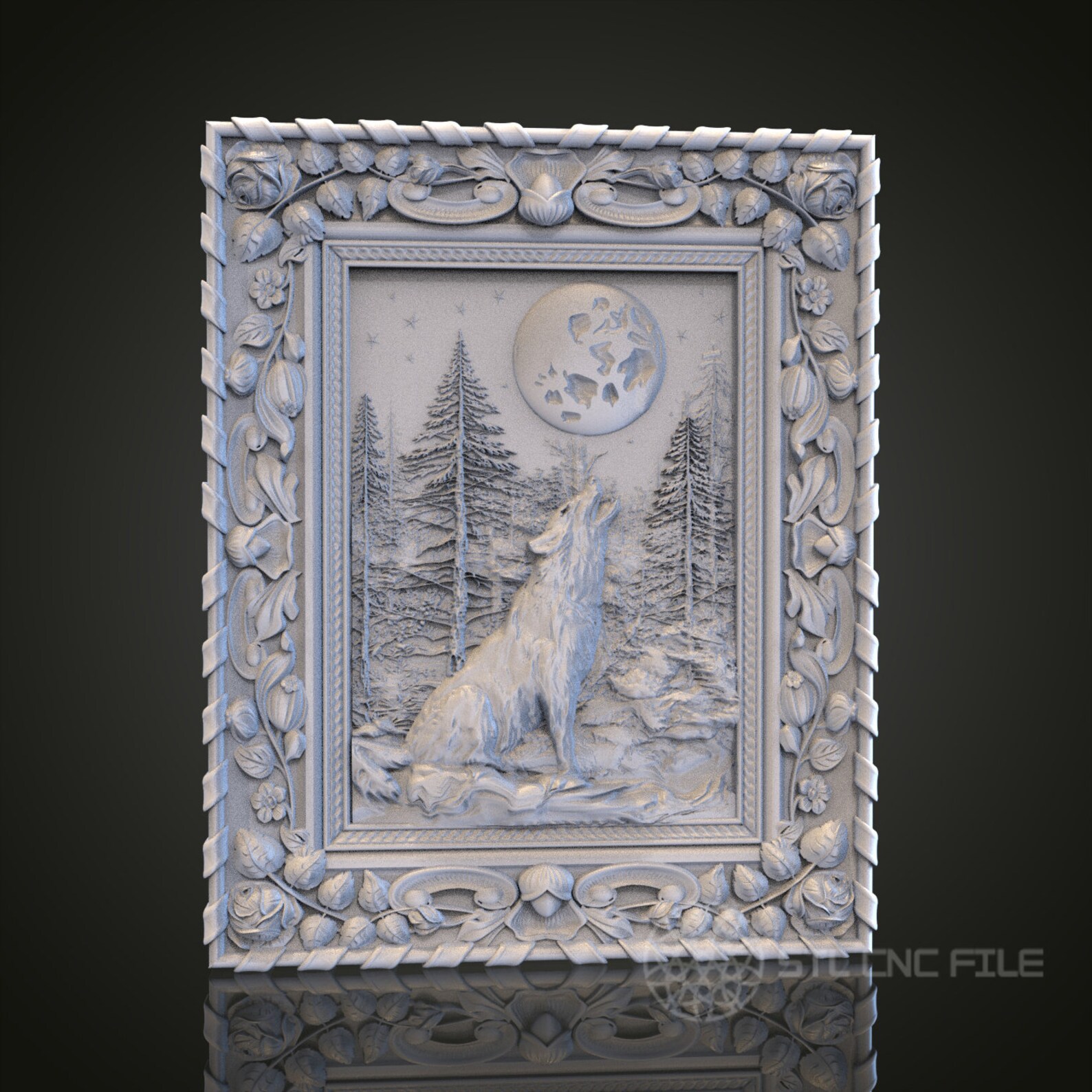 Howling Wolf at Moon STL Model for CNC Router Engraver, Artcam, Aspire ...