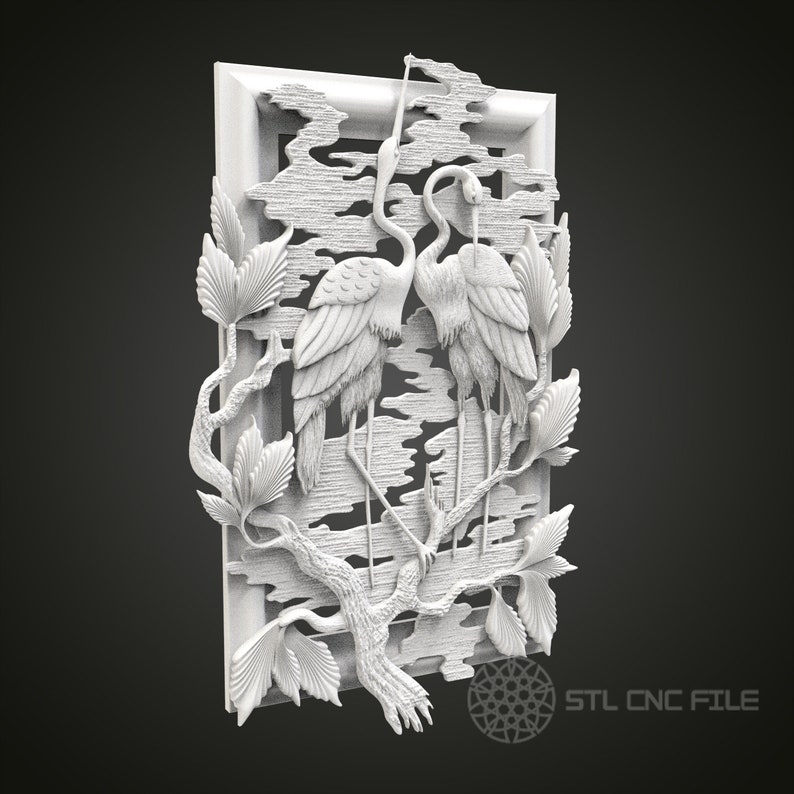 Graceful Cranes Relief - 3D CNC Engraved Wood Panel, Artcam Aspire STL ...