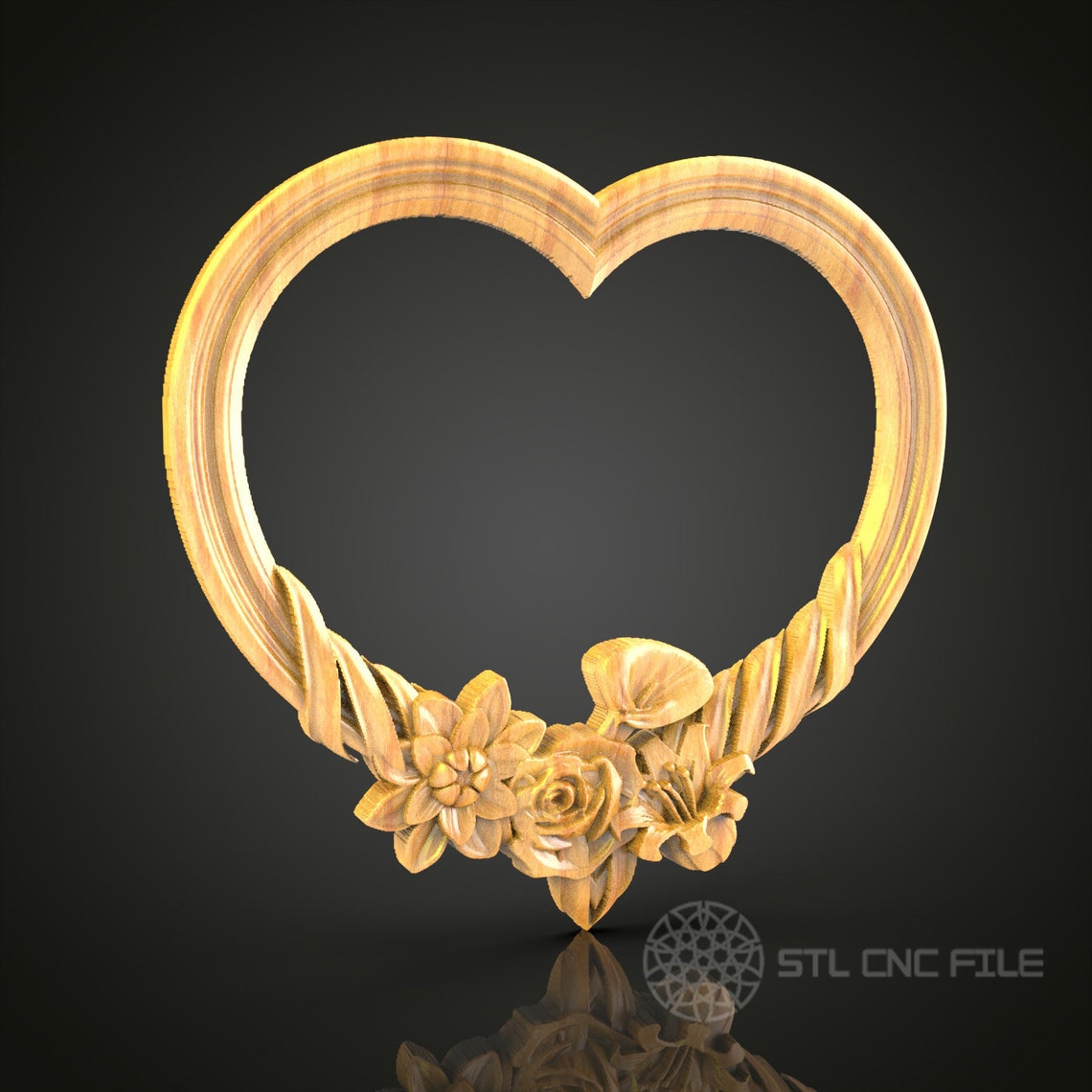 Floral Heart Romantic 3D CNC Engraved Wood Panel, Artcam Aspire STL ...