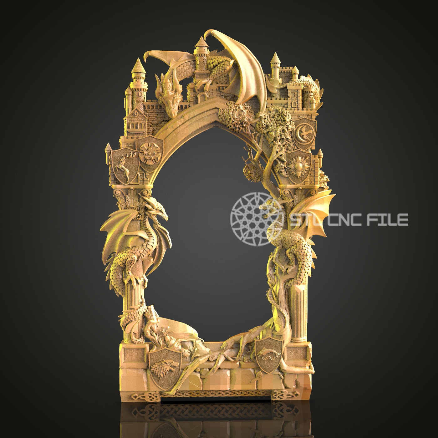 Fantasy Castle and Dragon Mirror Frame STL File, Epic CNC Router Design ...