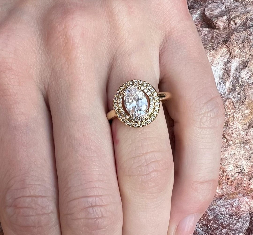 14K Gold Plated Oval CZ Statement Ring - Clear Cubic Zirconia Halo Ring ...