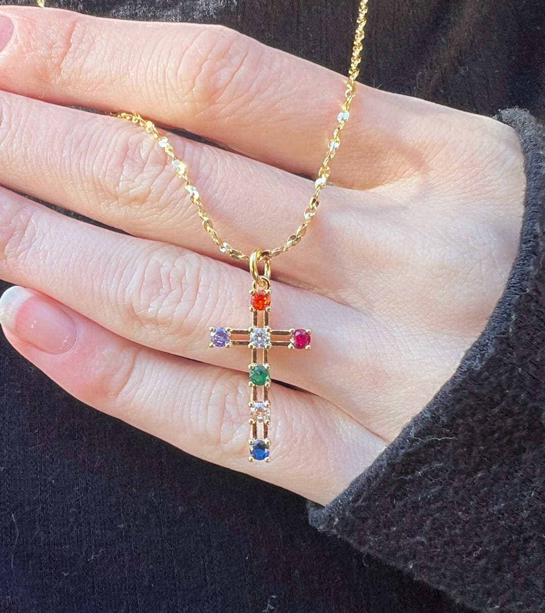 Multi-color CZ Stone Cross Necklace on Thin Twisted Nugget Chain – Gold ...