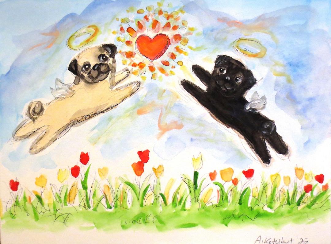 Pug Original Painting, Hand Painted Pug Angel, Gift for Friend, Pug ...