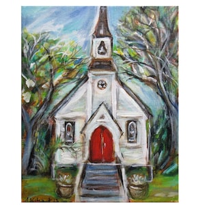 Little Cute Whimsical Church Chapel Red Doors 8 X 10 Original Painting ...