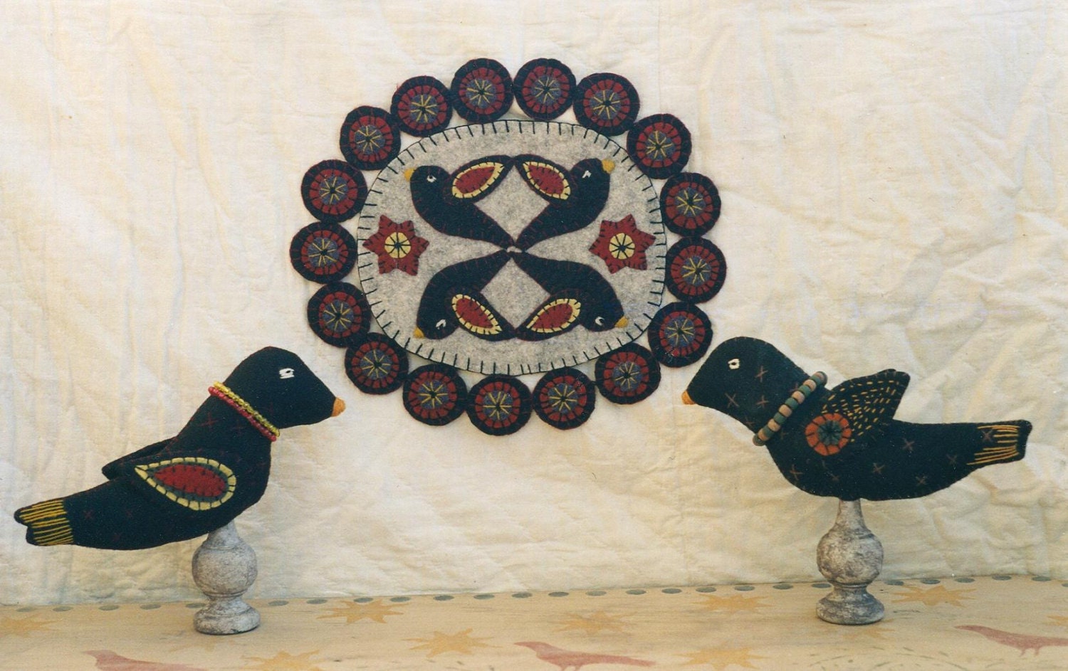 Primitive Crow Crows Blackbirds Black Birds Penny Rug Pincushion ...