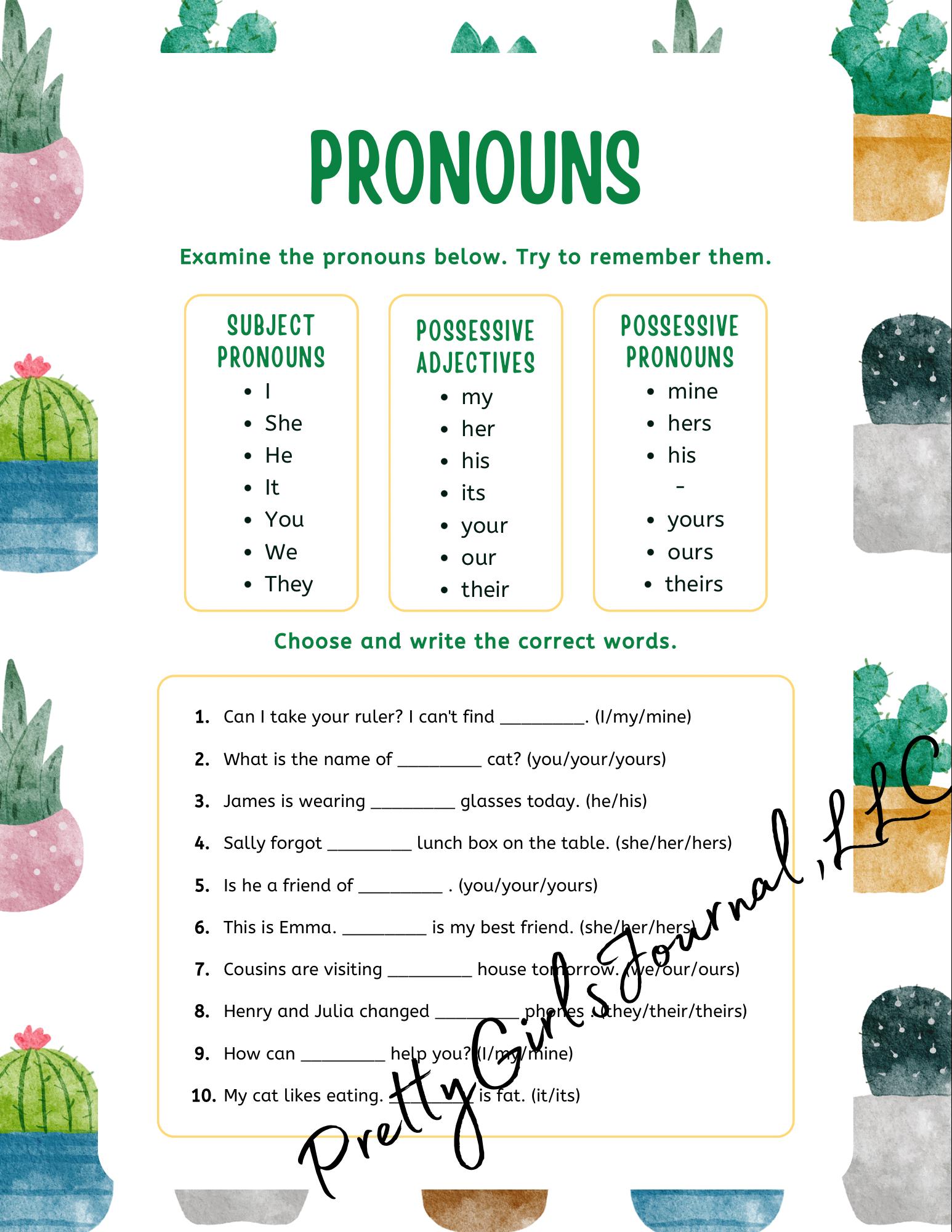 Colorful Pronouns Worksheet | Grammar Practice for Kids | Educational ...