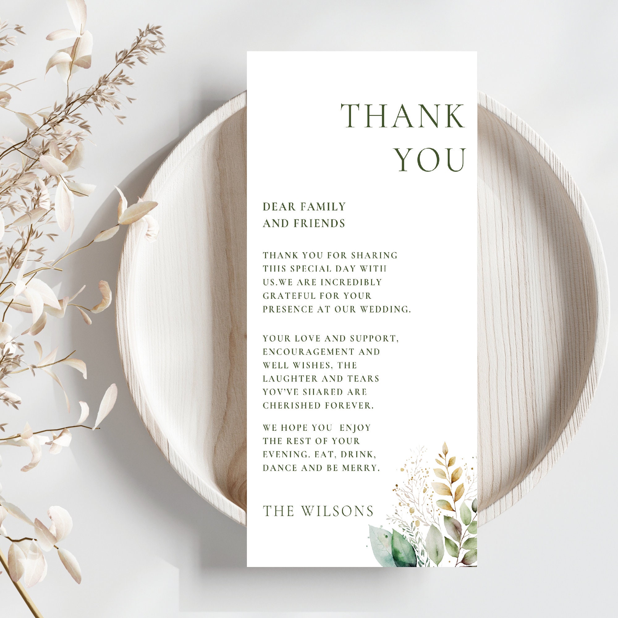 Dinner Table Thank You Card, Gold and Green Foilage Leaf, Thank You ...