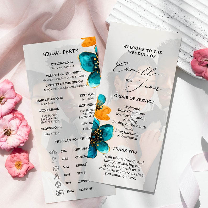 Photo Wedding Program Template, Teal and Orange Printable Program ...