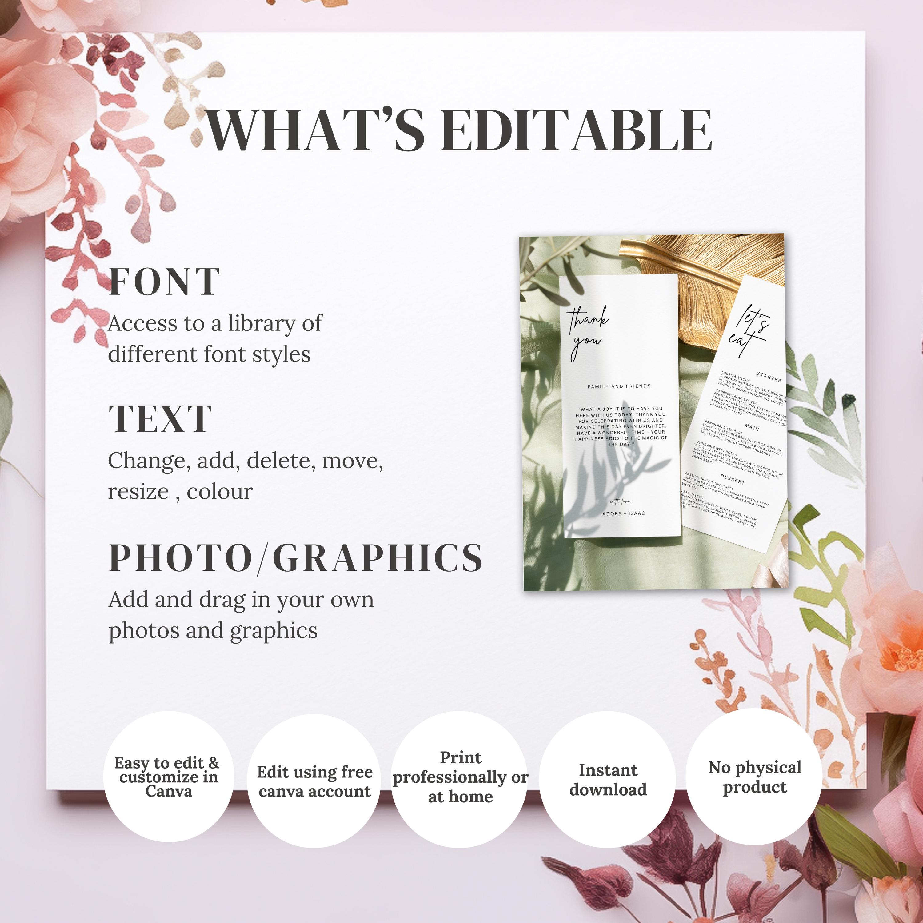 Double-sided Menu and Thank You Card, Editable Thank You Card, Wedding ...