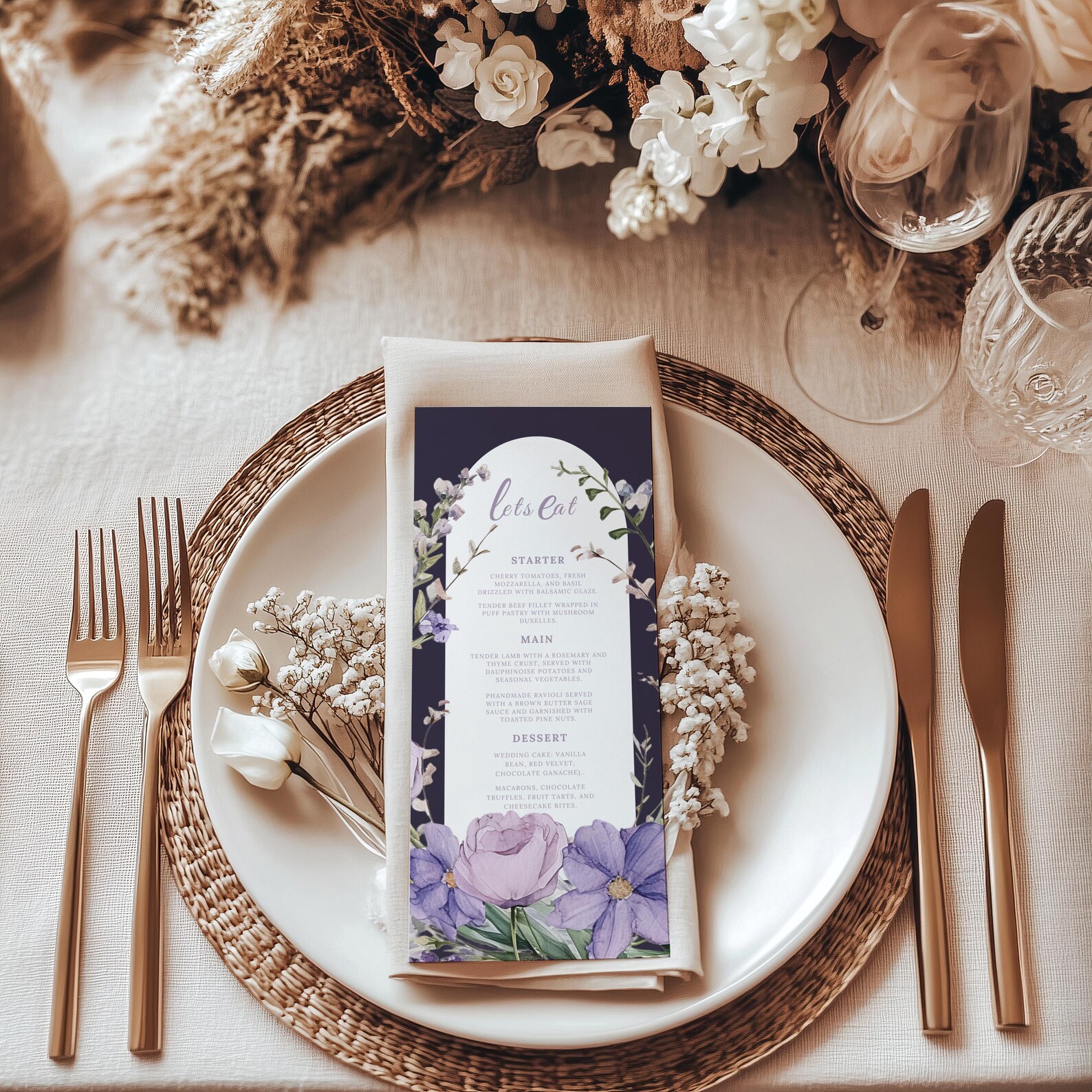 Lavender Table Menu Template, Wedding Dinner Menu, Floral Shower Menu ...