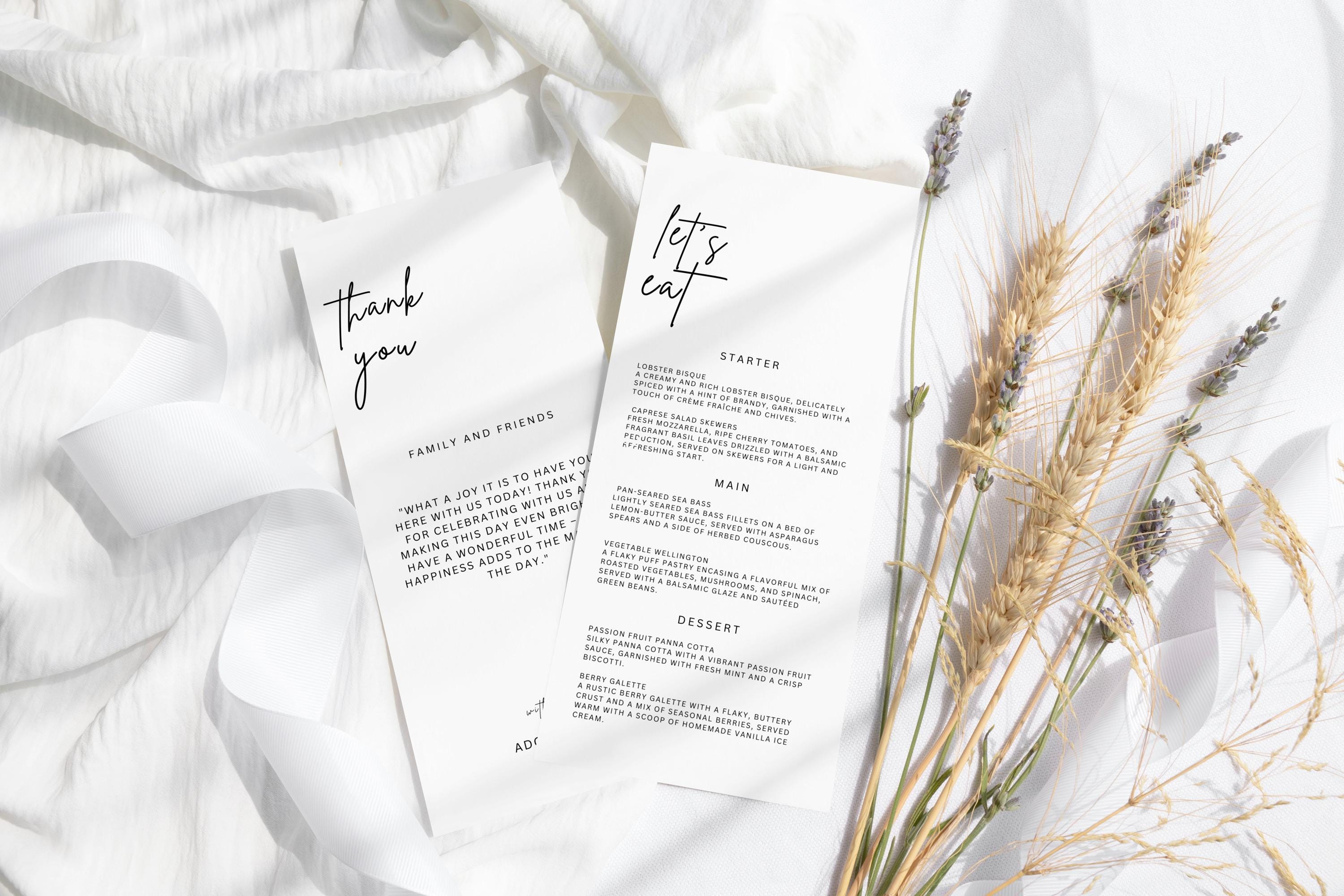Double-sided Menu and Thank You Card, Editable Thank You Card, Wedding ...