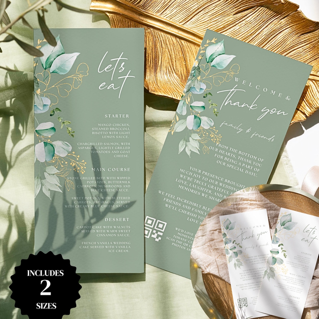 Wedding Thank You Menu Card, Thank You Place Card With Qr Code ...