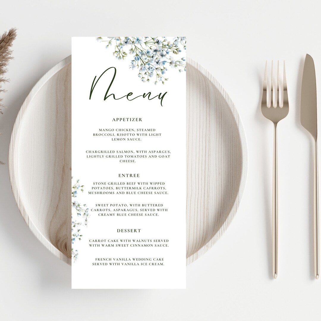 Dinner Menu With Flowers, Food Menu Cards, Sage Green Menu Card, Baby's ...