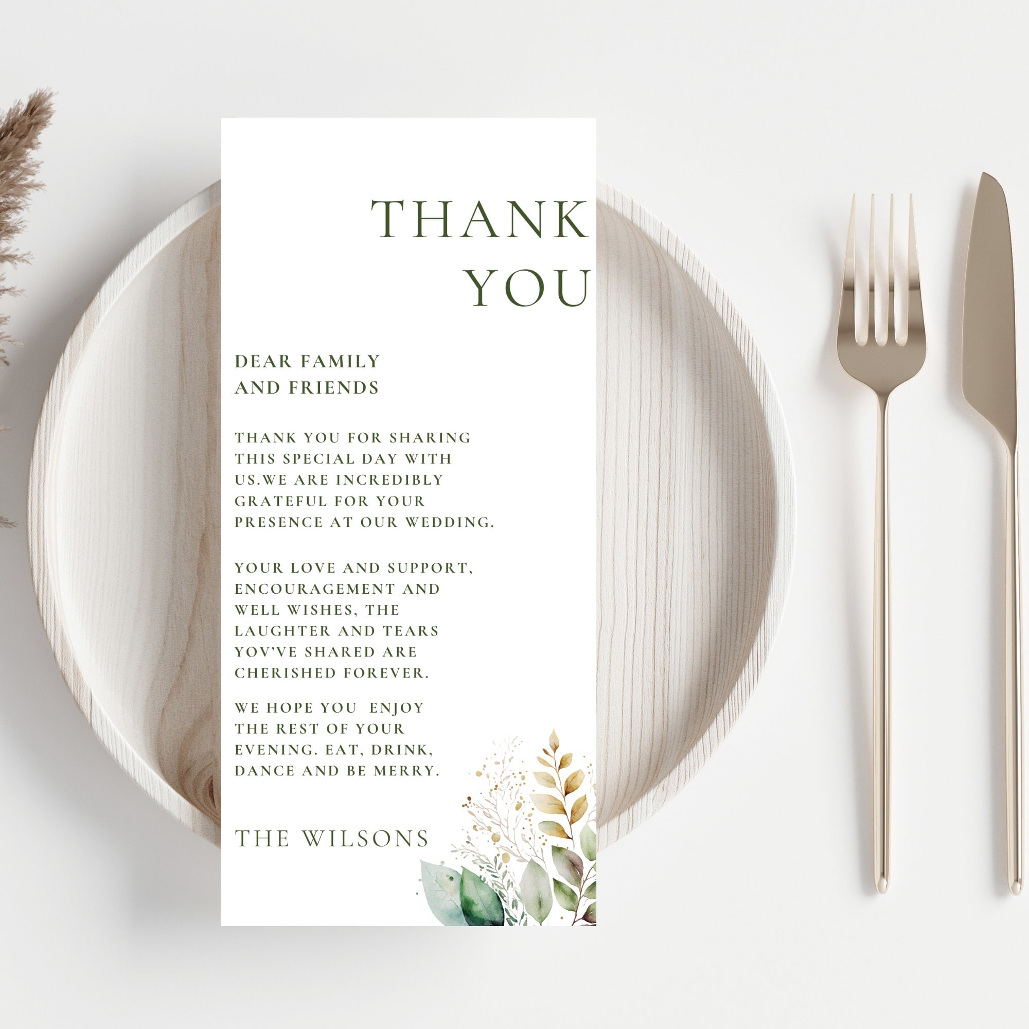 Dinner Table Thank You Card, Gold and Green Foilage Leaf, Thank You ...