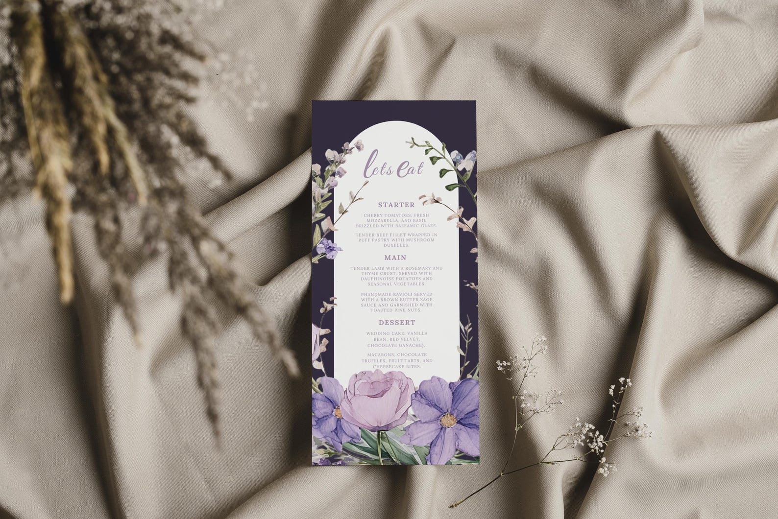 Lavender Table Menu Template, Wedding Dinner Menu, Floral Shower Menu ...