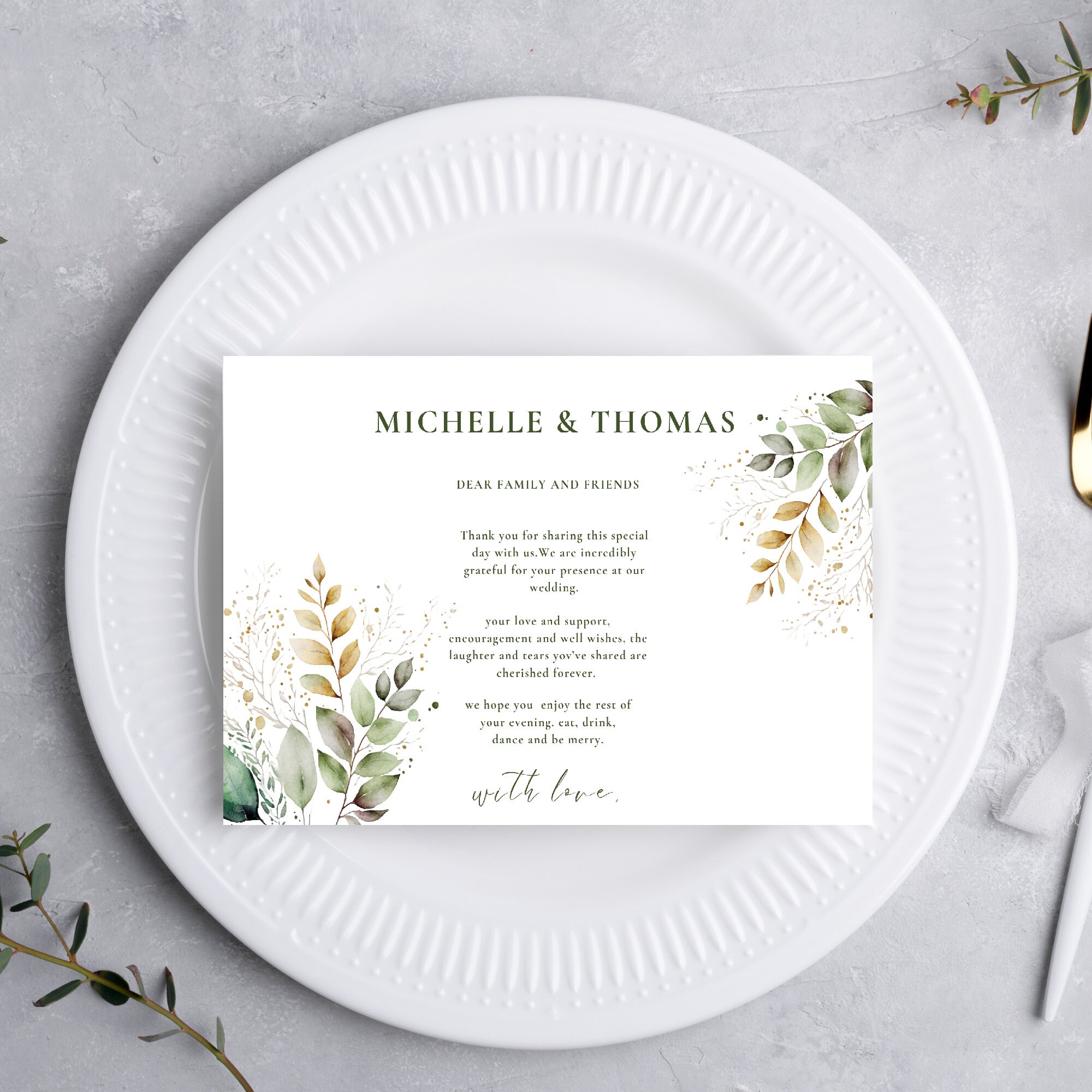 Table Setting Thank You Cards, Gold and Green Foilage Leaf, Dinner ...