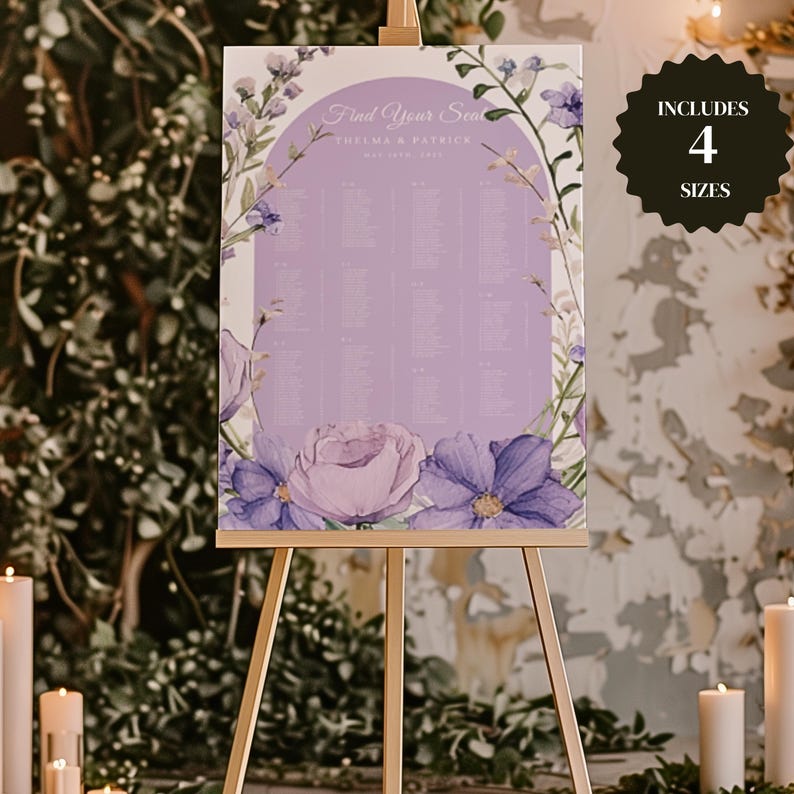 Lavender Floral Wedding Seating Chart, Editable Template (canva) - Etsy
