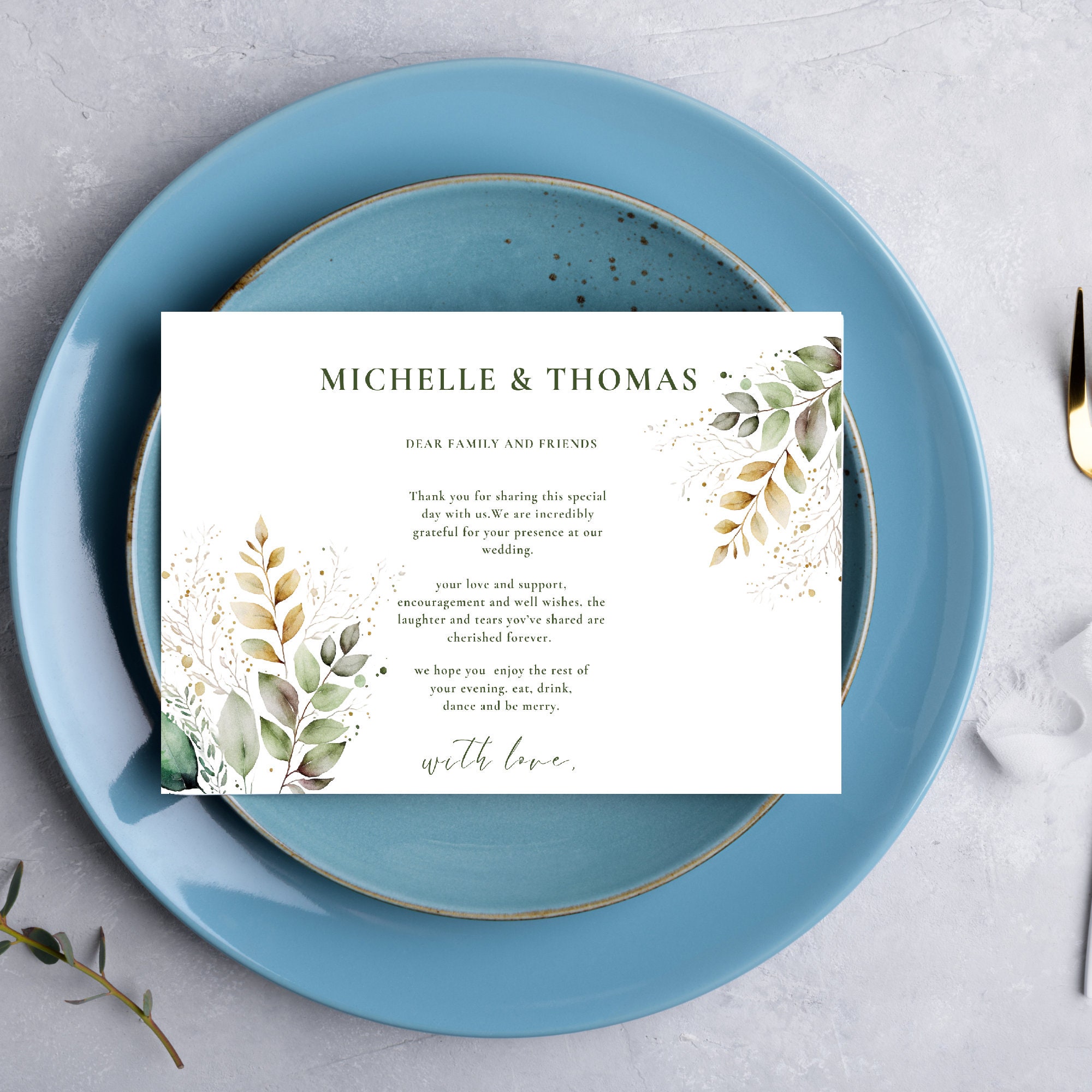 Table Setting Thank You Cards, Gold and Green Foilage Leaf, Dinner ...