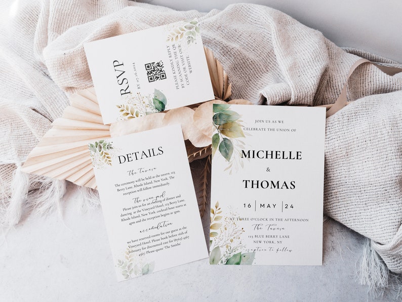 Invitación y respuesta de invitación de boda con follaje dorado y verde ...