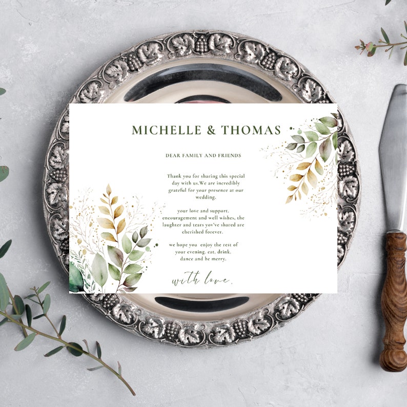 Table Setting Thank You Cards, Gold and Green Foilage Leaf, Dinner ...