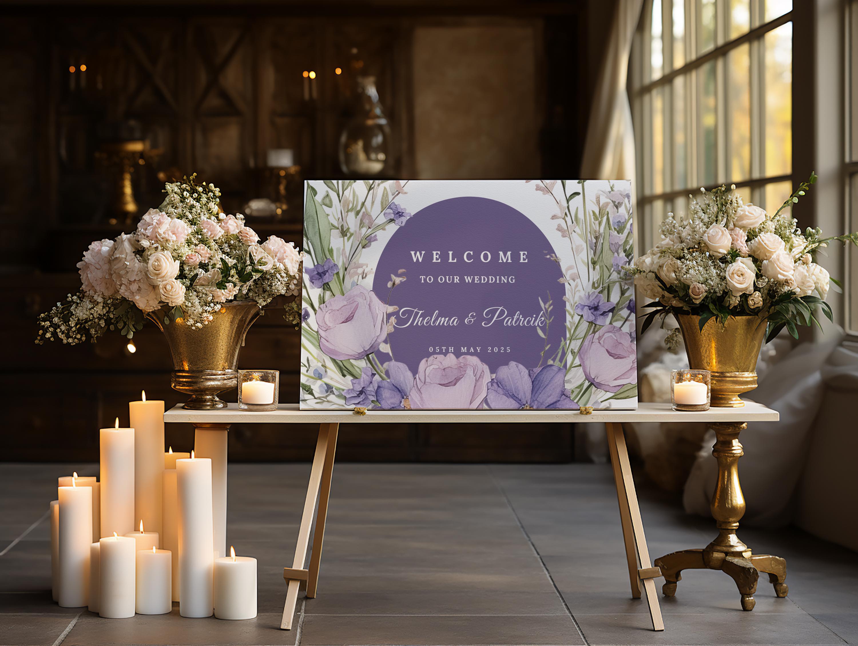 Welcome Sign Wedding Purple Flowers, Floral Welcome Poster Board ...