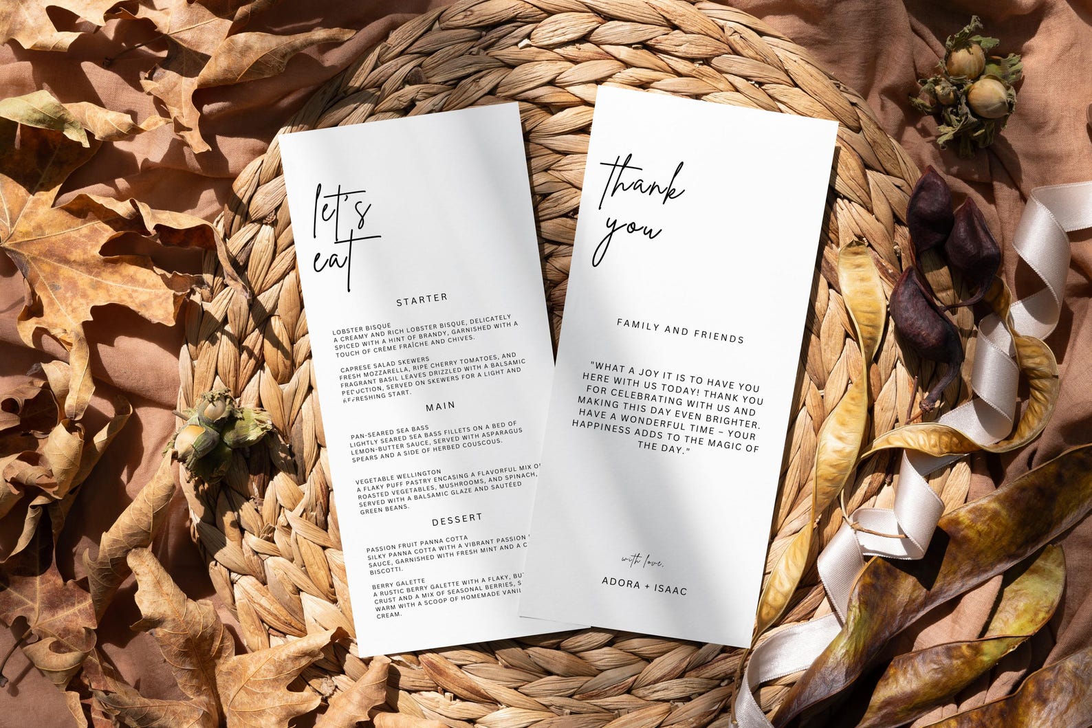 Double-sided Menu and Thank You Card, Editable Thank You Card, Wedding ...