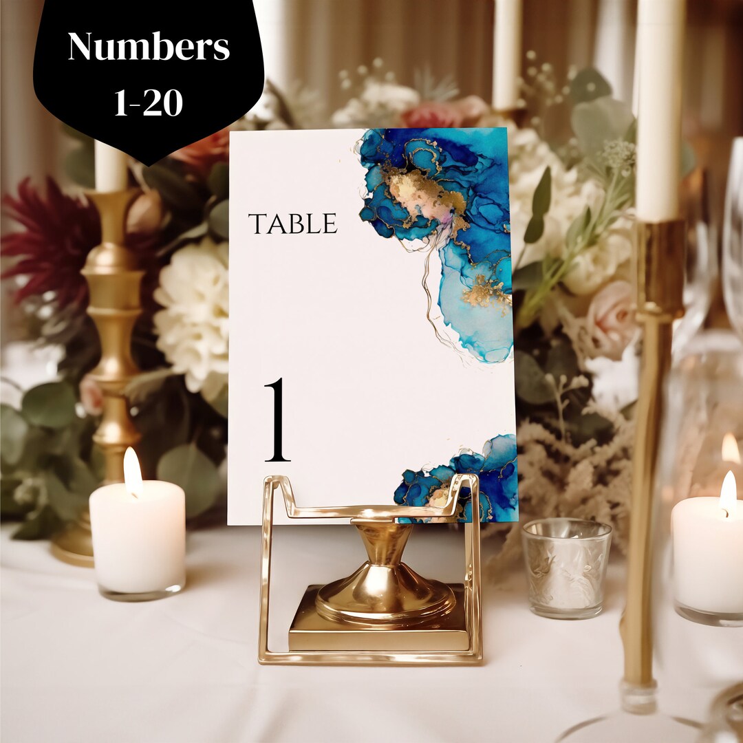 Navy Blue Gold Table Numbers, Blue Alcohol Ink, Blue and Gold Wedding ...