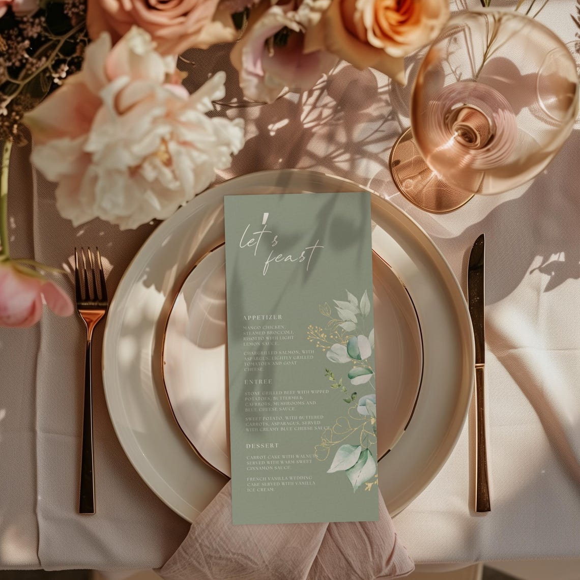 Sage Green Wedding Menu Floral, Customized Wedding Menu, Green and Gold ...