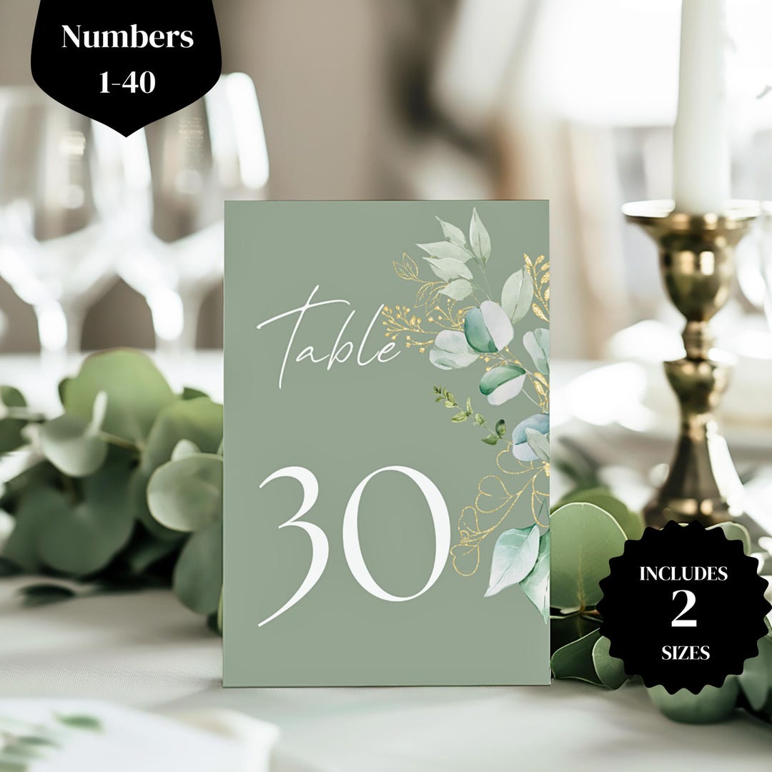 Sage Green Table Numbers, Printable Greenery Gold Wedding Table Numbers ...