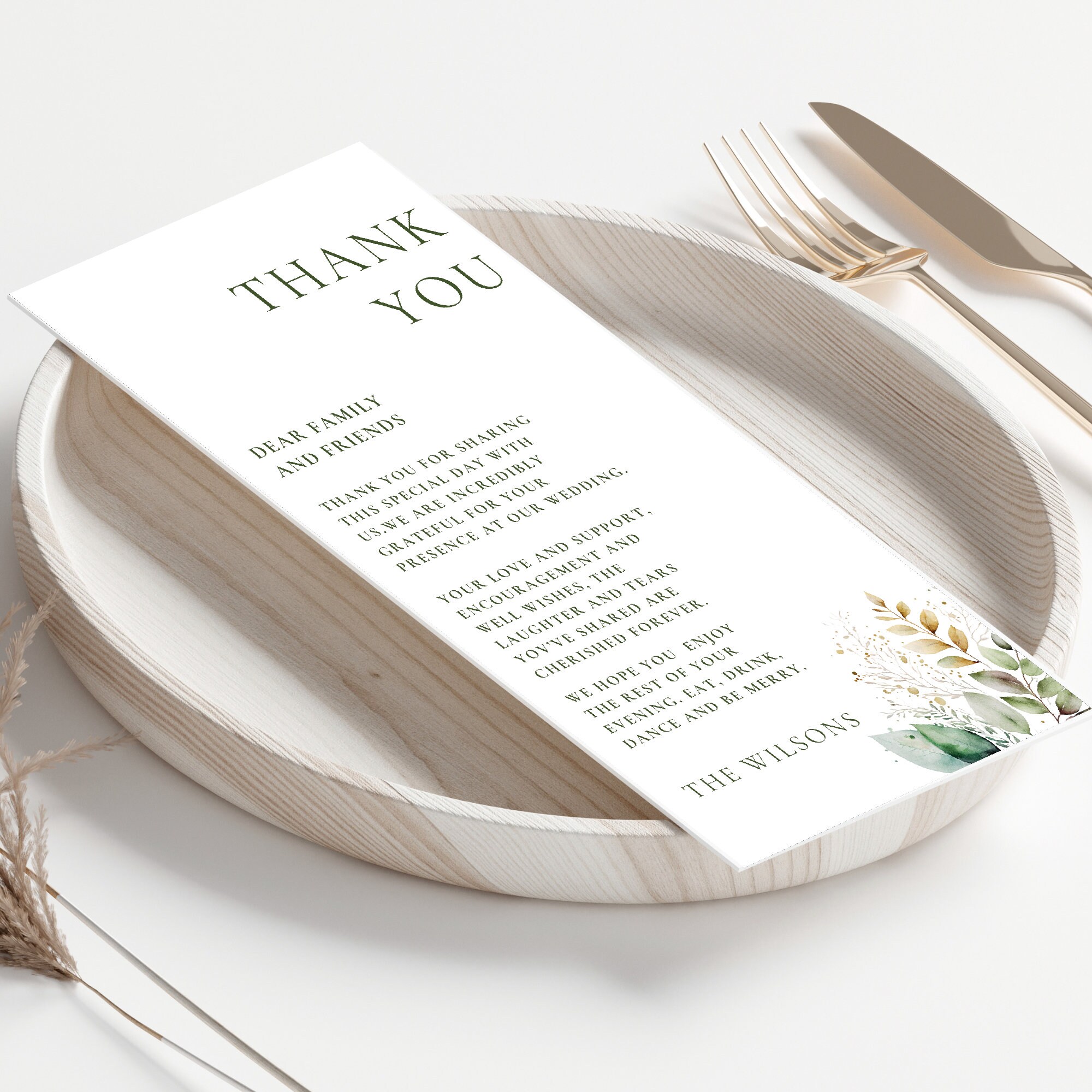 Dinner Table Thank You Card, Gold and Green Foilage Leaf, Thank You ...
