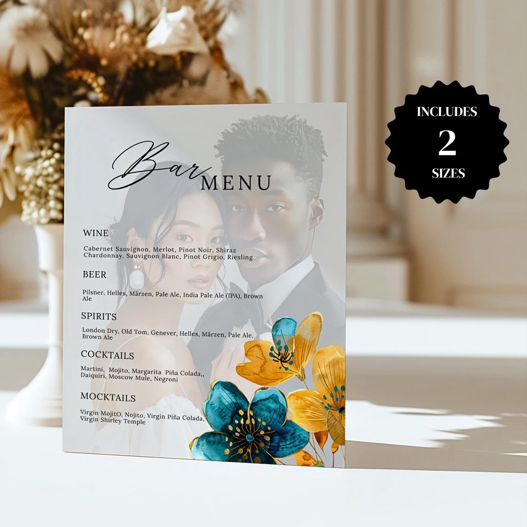 Drink Menu With Picture, Custom Drink Card Template, Modern Wedding Bar ...