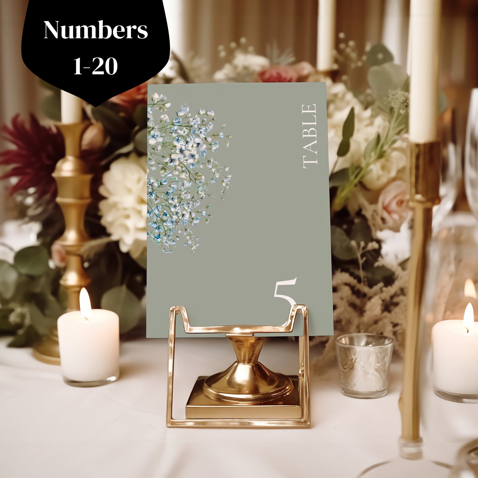 Sage Green Table Numbers, Table Number Cards With Baby Breath, Table ...