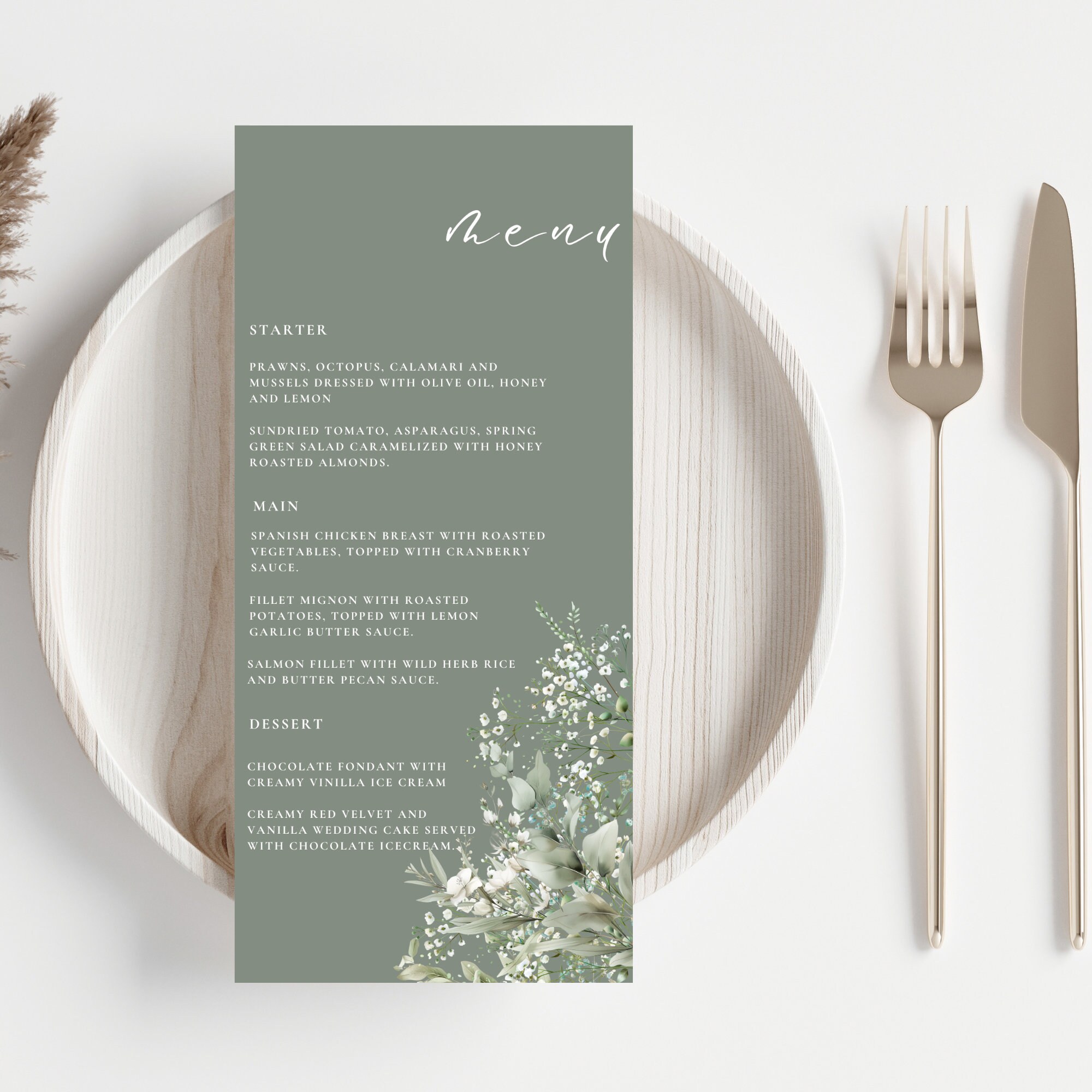 Sage Green Wedding Menu Cards, Wedding Menu Template Greenery, Baby ...