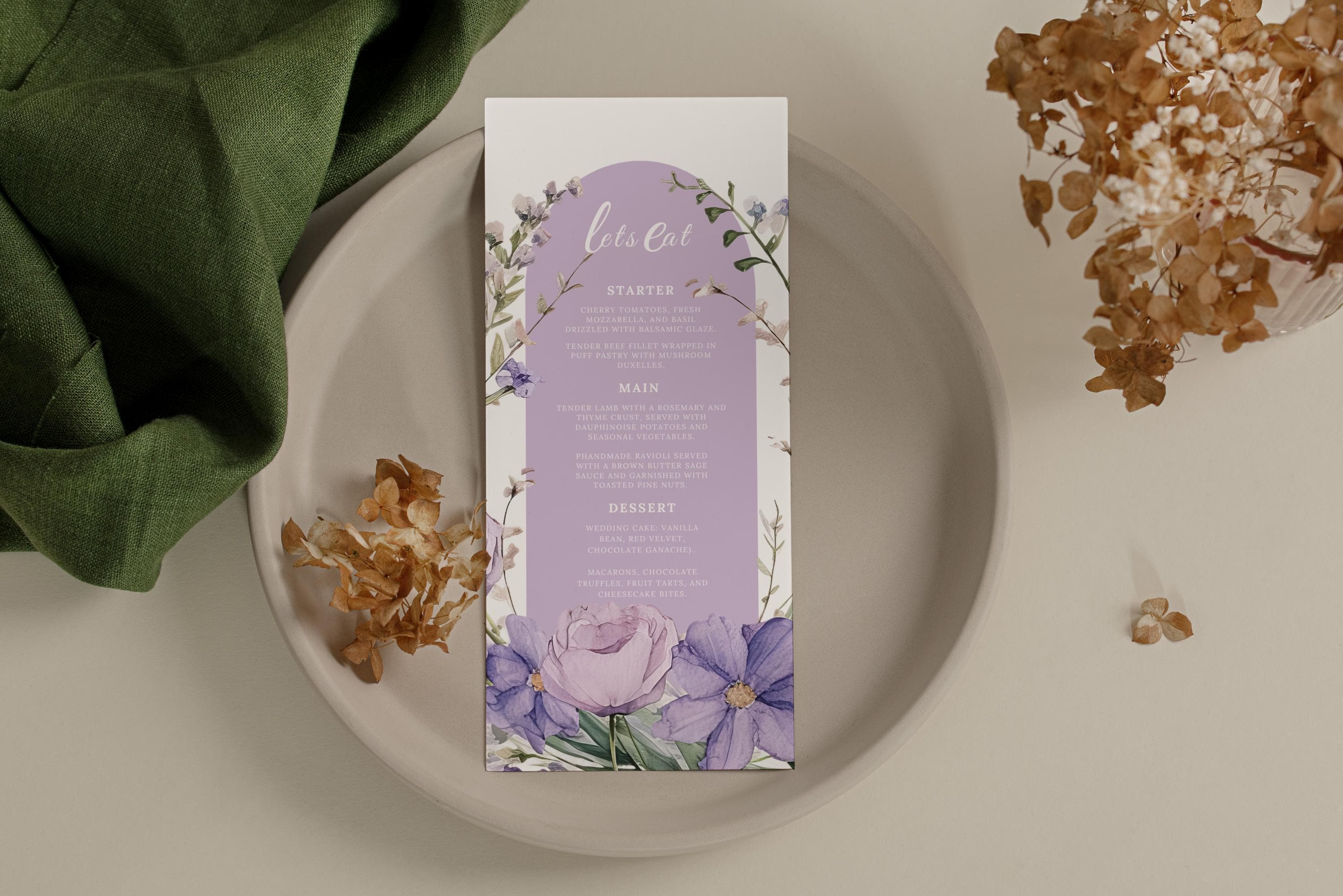 Reception Menu Template, Lavender Wedding, Garden Wedding Menu Cards ...