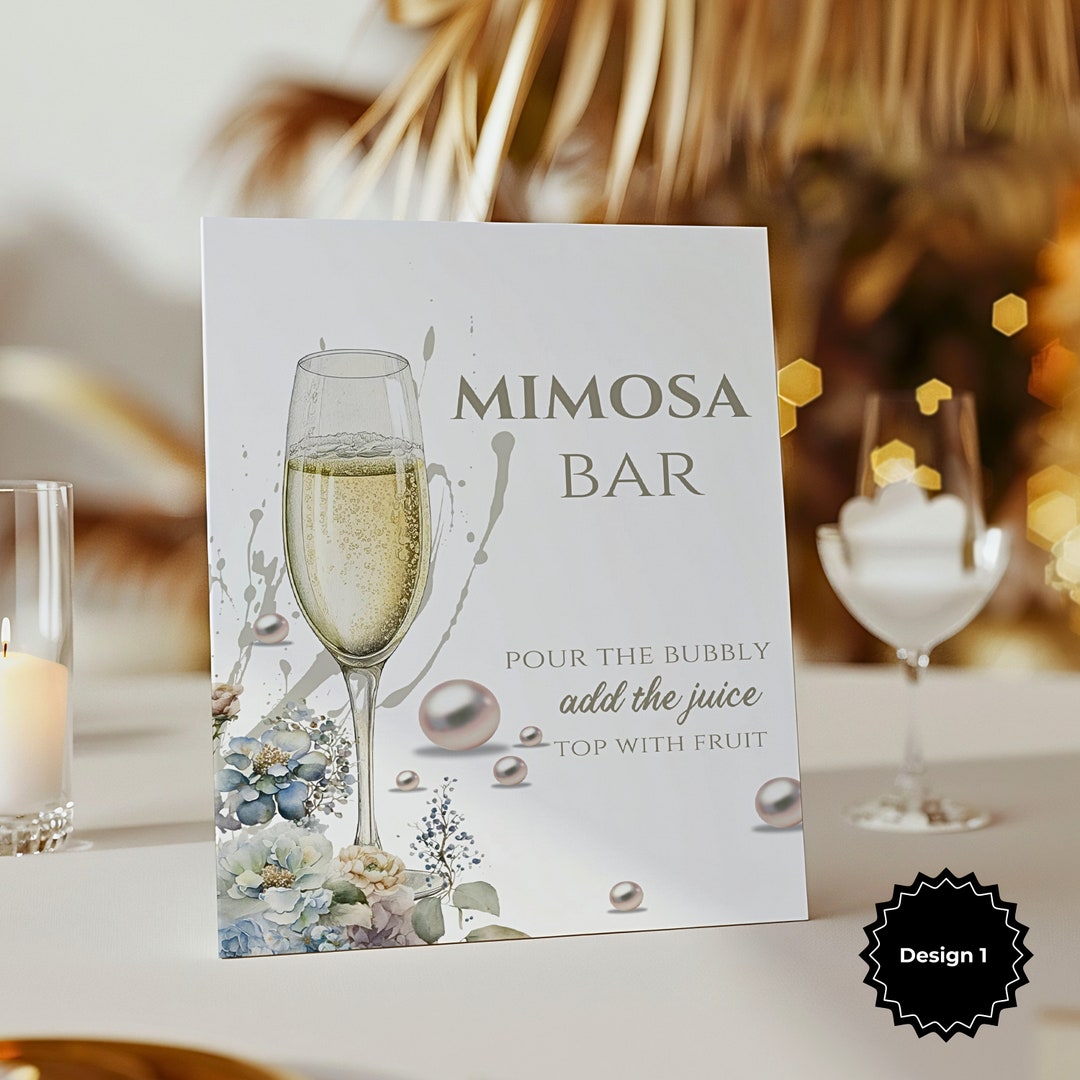 Mimosa Bar Sign Bridal Shower Dusty Blue, Blue Hydrangeas, Pearls and ...