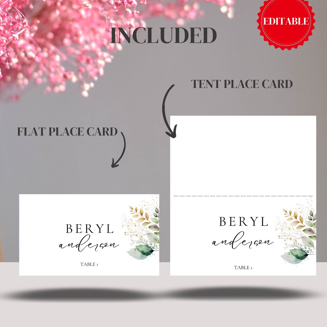 Place Card Template Greenery Wedding, Gold and Green Foilage Leaf, Name ...