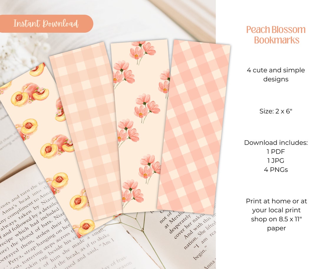 Peach Blossom Bookmarks, Cute Printable Bookmarks, Pink Bookmarks ...