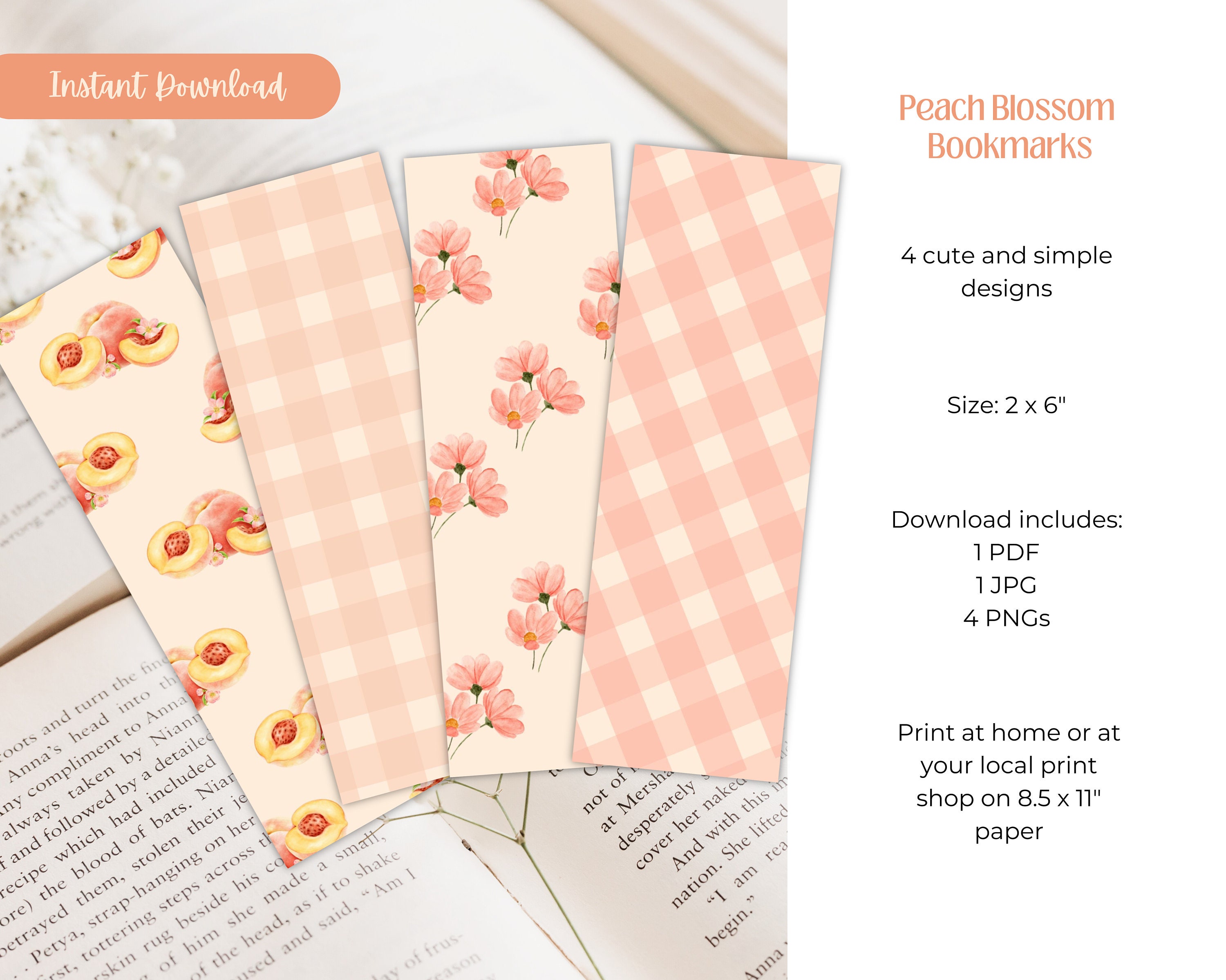 Peach Blossom Bookmarks, Cute Printable Bookmarks, Pink Bookmarks ...