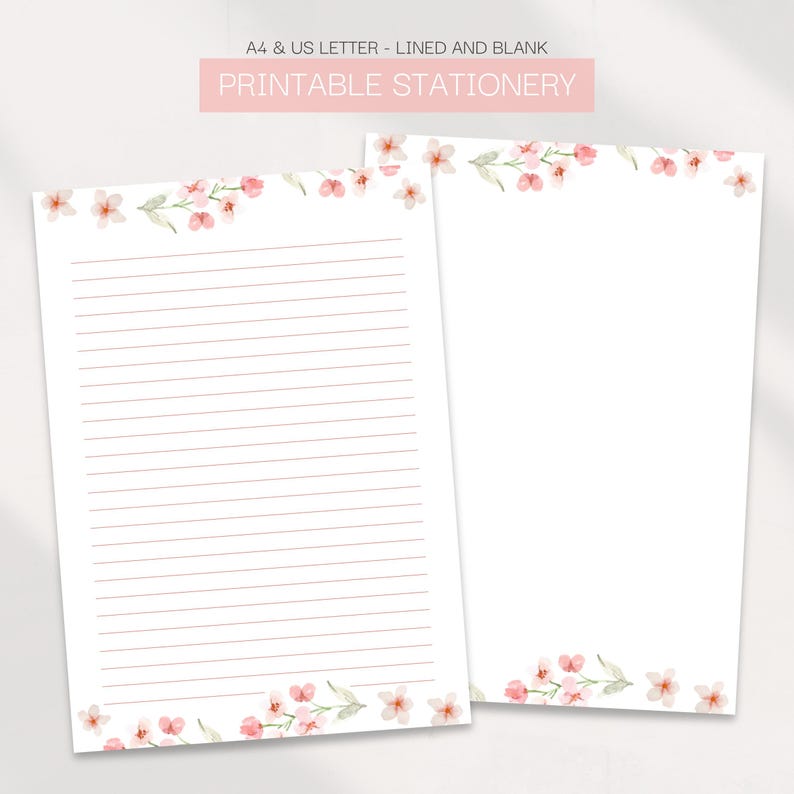 Printable Floral Stationery, Watercolor Blossom Writing Paper, Cherry ...