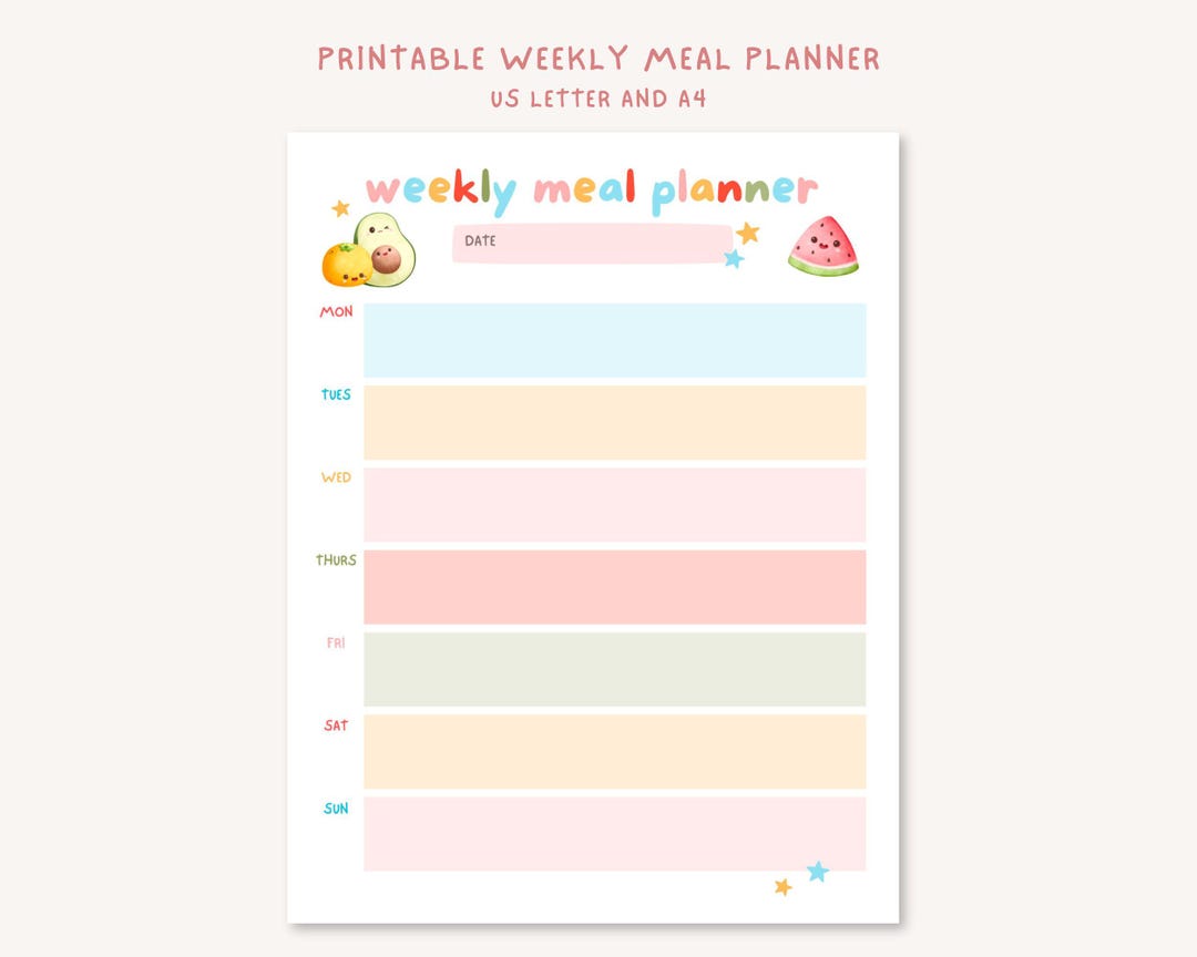 Cute Printable Weekly Meal Planner for Kids, Weekly Food Dairy, Weekly ...