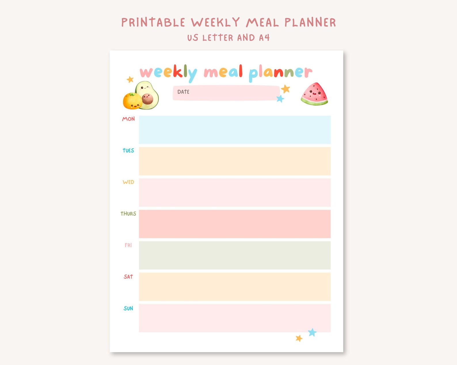 Cute Printable Weekly Meal Planner for Kids, Weekly Food Dairy, Weekly ...