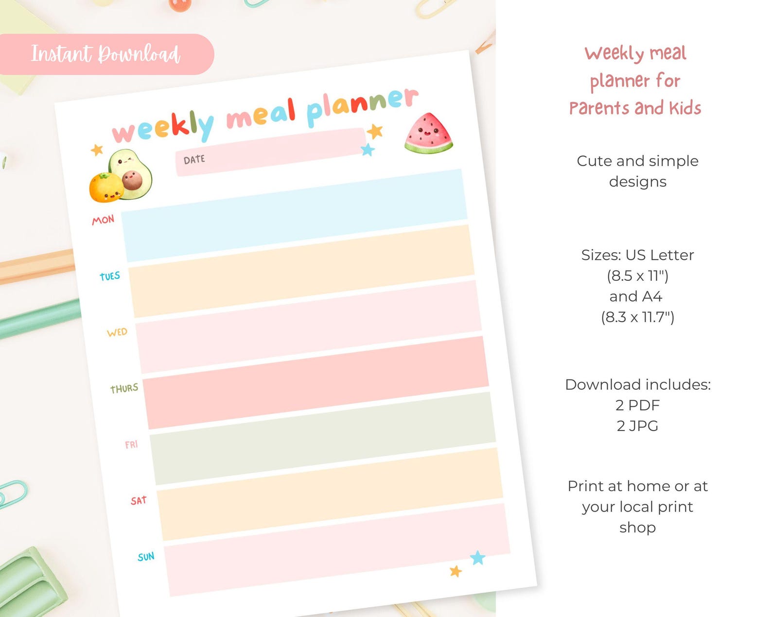 Cute Printable Weekly Meal Planner for Kids, Weekly Food Dairy, Weekly ...