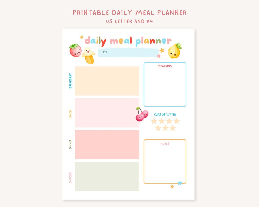 Cute Printable Daily Meal Planner, Planner for Kids, Daily Food Dairy ...