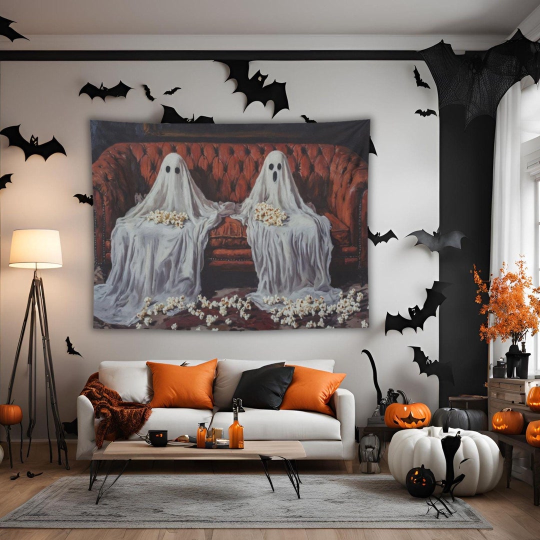 Ghosts on Couch Halloween Tapestry Spooky Movie Night Gothic Wall ...