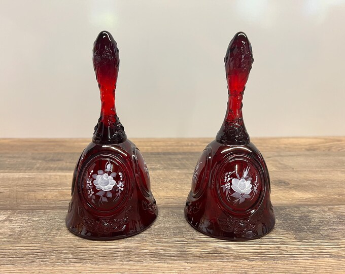 Fenton Ruby Red Hand Painted Signed Raised Glass Bells Set of Two - Etsy