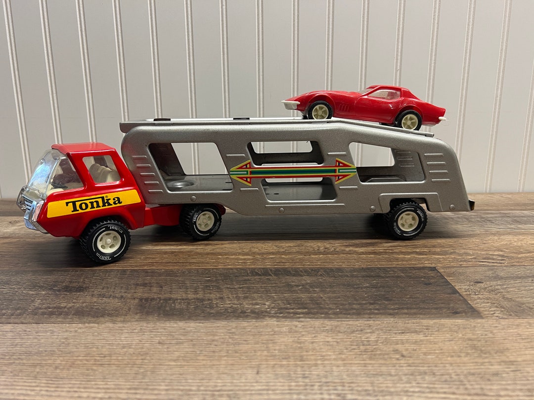 Tonka Truck Car Carrier Hauler Transporter Pressed Steel W/corvette Red ...
