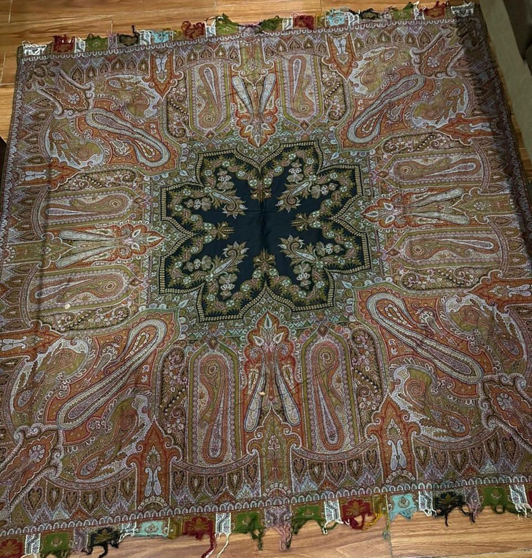 Antique Kashmir Woven Paisley Shawl Wool Woven Fringe Decor 180 X 170 ...